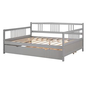 Merax Full Size Daybed Wood Bedframe with Twin Size Trundle and Guardrail for Girs and Boys Bedroom