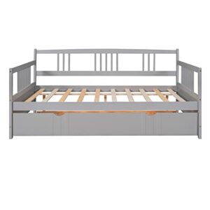 Merax Full Size Daybed Wood Bedframe with Twin Size Trundle and Guardrail for Girs and Boys Bedroom