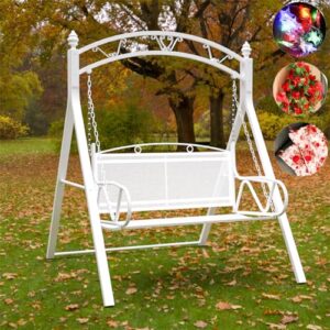 white,partsun upgraded metal patio porch swing with a-frame stand heavy duty metal hanging porch swing chair patio hanging bench swing with adjustable chains for garden, balcony, living room