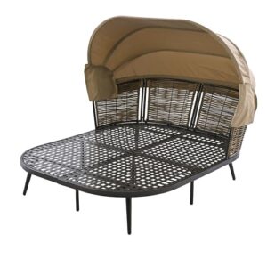 EOVTK Patio Daybed Double Chaise Lounge with Retractable Canopy, Cushions and Metal Frame, Outdoor PE Wicker Back Loveseat Sofa Set for Backyard, Poolside, Garden, Brown