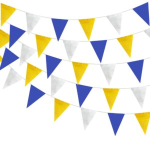 20 meters 65.6ft gold silver and royal blue banner party decorations metallic golden pennant bunting, double sided fabric triangle flags garland for baby shower graduation wedding hen party birthday