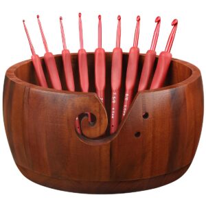 Large Yarn Bowl Holder, 8.7''Knitting Bowl with 9pcs Crochet Hooks, Wooden Yarn Holder Dispenser Yarn Storage Bowls for Crocheters Knitters Craft (Brown 8.7inch)