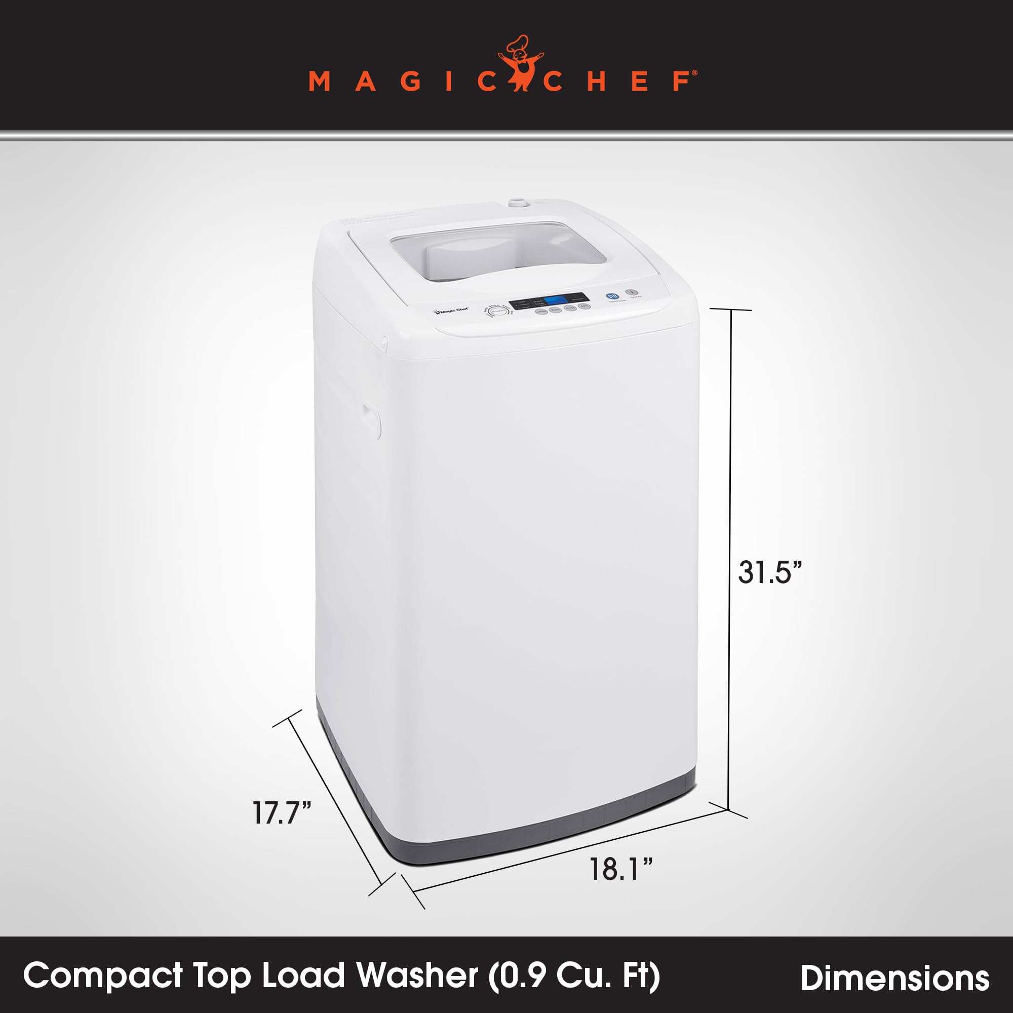 Magic Chef Top Load Compact Washer with LED Display, 6 Cycles, Delay Start Function, 3 Water Levels & 3 Temperature Settings, White, 0.9 Cubic Feet