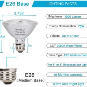 Vinaco Par30 Short Neck, 6pcs PAR30 75W 120V Light Bulbs, Dimmable. Premium Quality for Long Lasting Life, E26 Base, 3000K Warm White, par30 Flood Light Great for Accent Lighting, Tracking Light