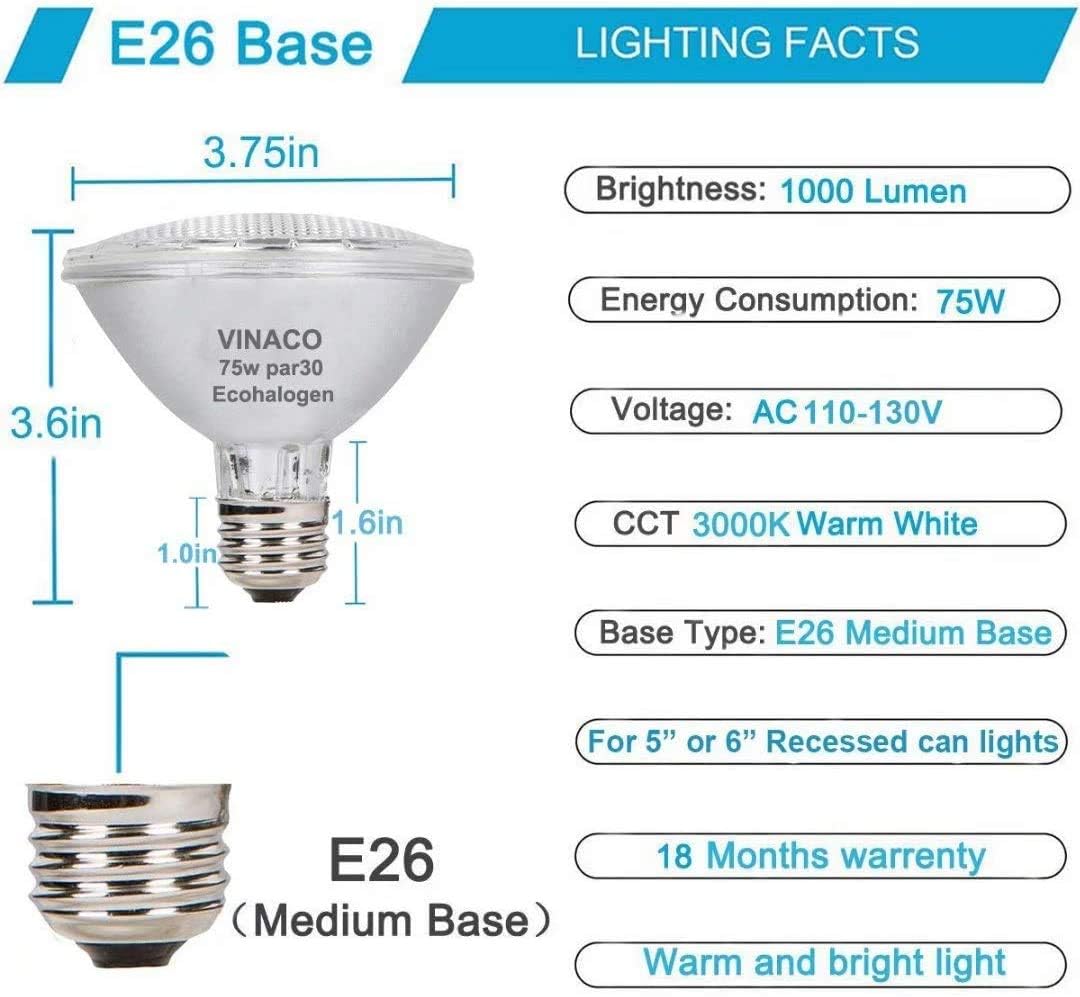 Vinaco Par30 Short Neck, 6pcs PAR30 75W 120V Light Bulbs, Dimmable. Premium Quality for Long Lasting Life, E26 Base, 3000K Warm White, par30 Flood Light Great for Accent Lighting, Tracking Light