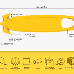 Safety Box Cutter, T TOVIA 20 Pcs Safety Utility Cutter of Stainless Steel Blade Package Opener with Tape Splitter for Cartons, Cardboard, Wrap, Straps, Film (20 PCS- Yellow)