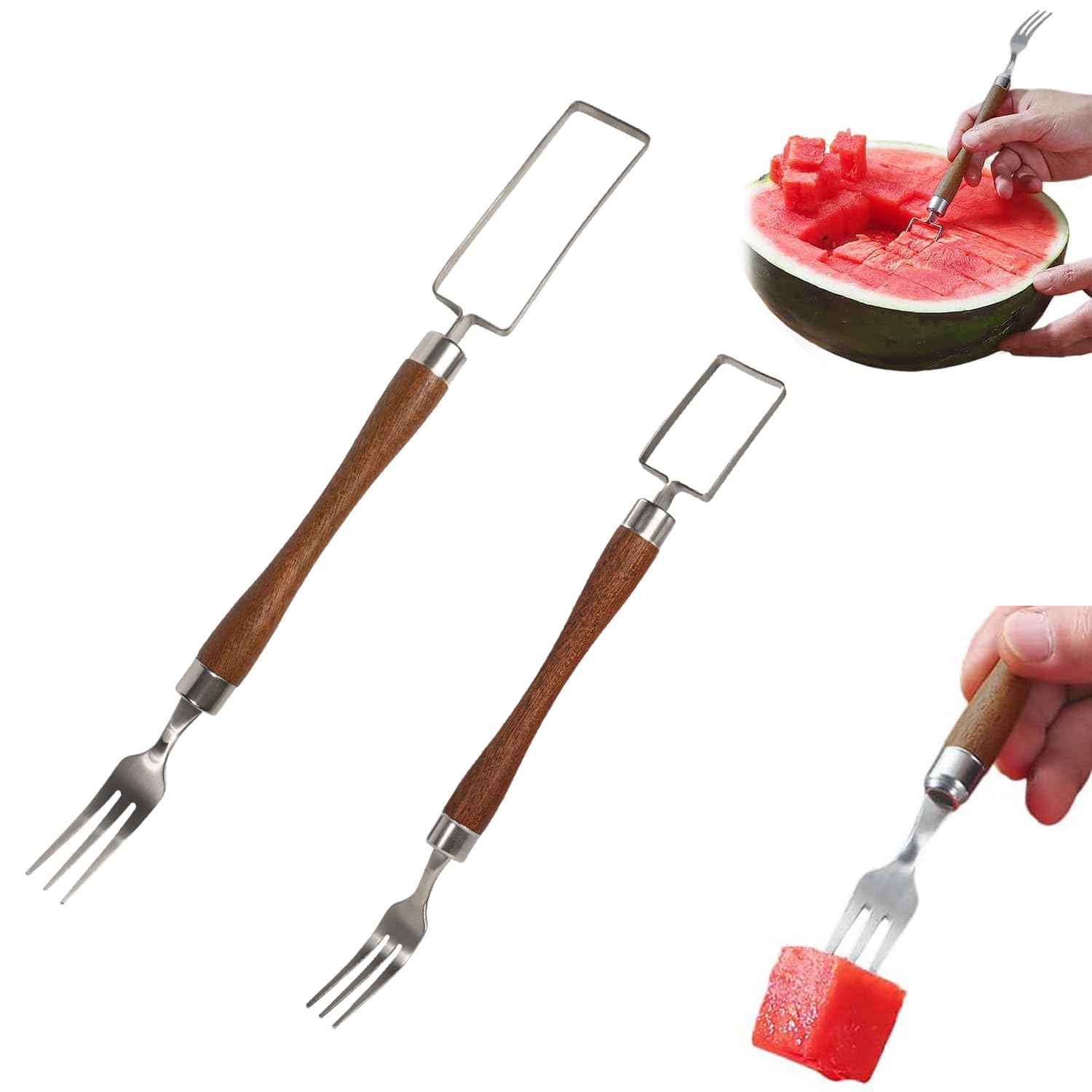 Stainless Steel Fruit Cutter, 2-in-1 Watermelon Fork Slicer, New Portable Dual Head Wooden Handle Watermelon Cutter Slicer Tool, Home and Camping Fruit Fork Cutter Gadget (Large)