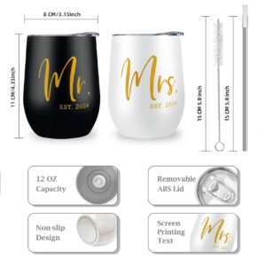 ELEGANTPARK Mr and Mrs Gifts Wedding Gifts for Couples 2024 Engagement Newlyweds Wedding Gifts for Bride and Groom Cups Stainless Steel Mr & Mrs Wine Tumbler with Lid and Straw 12 OZ