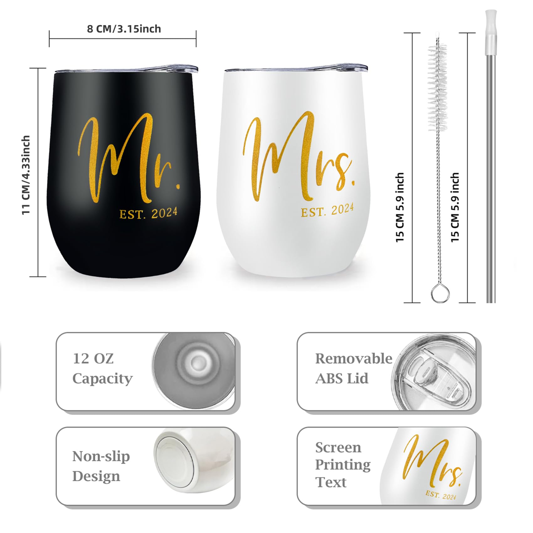 ELEGANTPARK Mr and Mrs Gifts Wedding Gifts for Couples 2024 Engagement Newlyweds Wedding Gifts for Bride and Groom Cups Stainless Steel Mr & Mrs Wine Tumbler with Lid and Straw 12 OZ