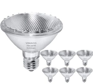 vinaco par30 short neck, 6pcs par30 75w 120v light bulbs, dimmable. premium quality for long lasting life, e26 base, 3000k warm white, par30 flood light great for accent lighting, tracking light