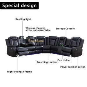 A Ainehome Power Reclining Sectional Sofa Couch with LED Light, Leather Recliner Electric Reclining Sectional Couch Recliner Sofa Set with Cup Holder,USB Port,Storage Console for Living Room (Black)