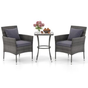 tangkula 3-piece patio furniture set, pe wicker conversation bistro set w/a tempered glass table & 2 cushioned chairs, outdoor table & chairs set for patio porch yard garden (mix gray+grey)