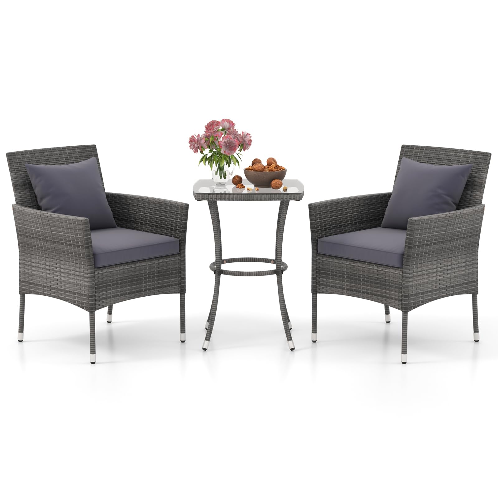 Tangkula 3-Piece Patio Furniture Set, PE Wicker Conversation Bistro Set w/A Tempered Glass Table & 2 Cushioned Chairs, Outdoor Table & Chairs Set for Patio Porch Yard Garden (Mix Gray+Grey)