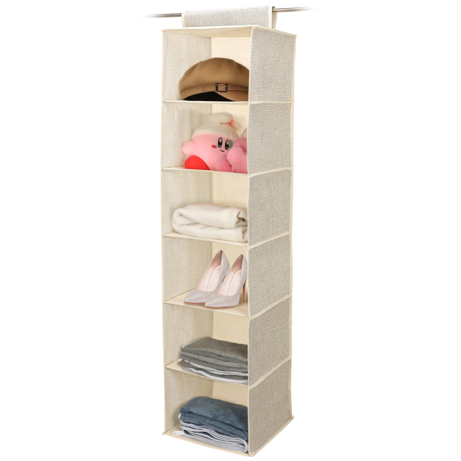 NEATJELAI Hanging Closet Organizer 6 Tier Hanging Shelf for Wardrobe Clothes Organization and Storage,Large Shoe Organizer Foldable Design, Beige