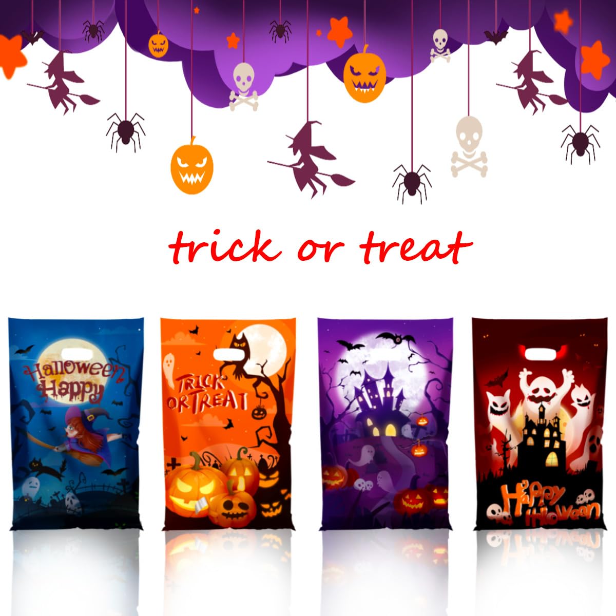 Sainyarh 6.5''x10.5'' Halloween Cellophane Treat Bags with Handle, Halloween Trick or Treat 50 Pack Goodie Bags Halloween Candy Goody Bags for Halloween Decorations Party