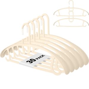 30 pack plastic clothes hangers with rubber buckle, stackable no shoulder bump heavy duty coat hangers, non-slip space saving dry wet closet hangers for suits, jackets, sweater (beige)