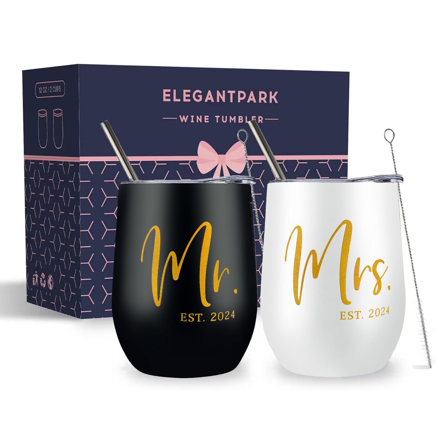 ELEGANTPARK Mr and Mrs Gifts Wedding Gifts for Couples 2024 Engagement Newlyweds Wedding Gifts for Bride and Groom Cups Stainless Steel Mr & Mrs Wine Tumbler with Lid and Straw 12 OZ