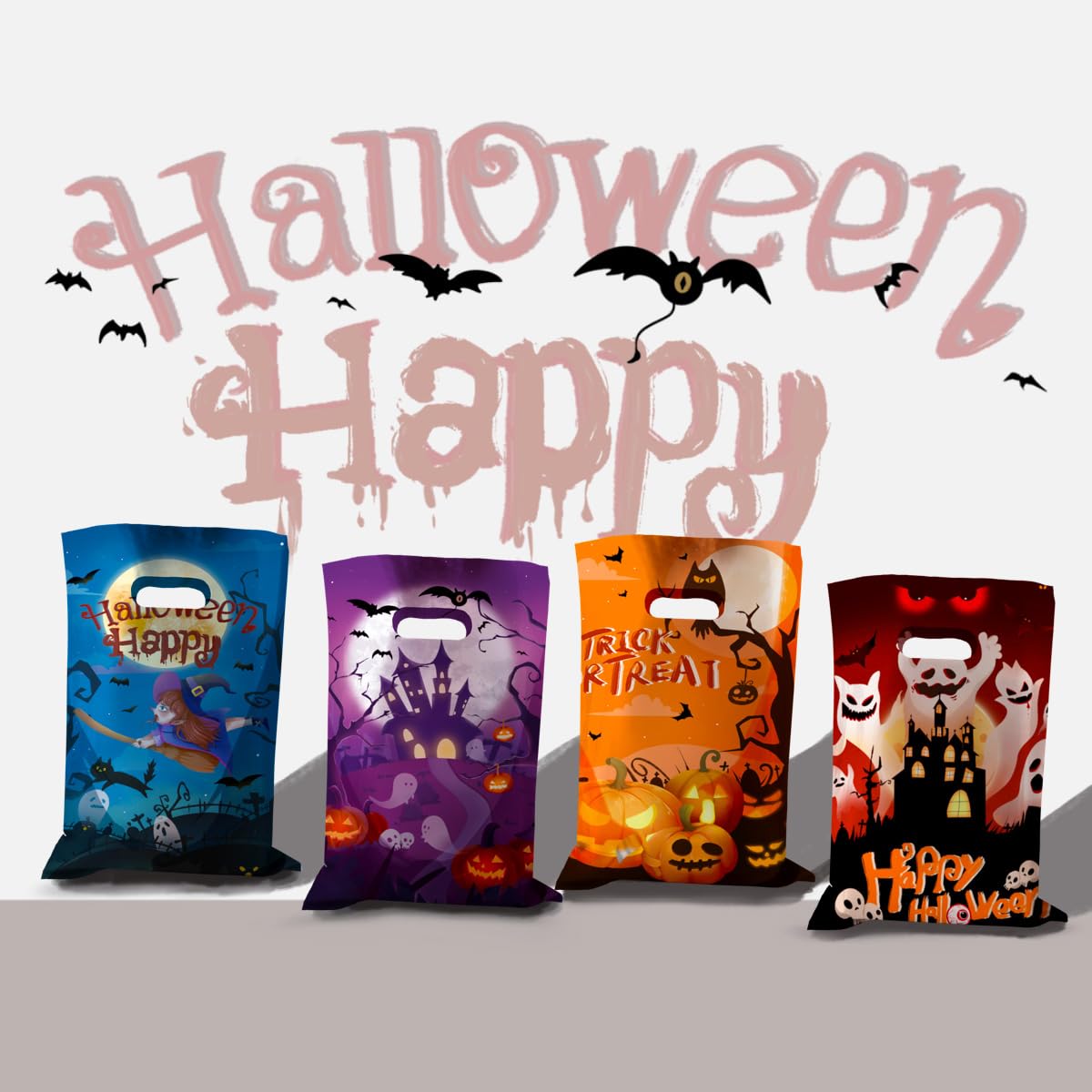 Sainyarh 6.5''x10.5'' Halloween Cellophane Treat Bags with Handle, Halloween Trick or Treat 50 Pack Goodie Bags Halloween Candy Goody Bags for Halloween Decorations Party