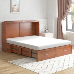 ijuicy Murphy Bed, Queen Size Cabinet Bed with Foldable Memory Foam Mattress & USB Charging Station & 2 Large Drawers for Guests Room/Bedroom-Reddish Brown