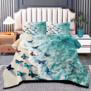 ccoutuechen sea butterfly comforter set queen size tropical ocean beach bedding sets hawaii coastal comforter blue ocean animal bed set 3pcs soft fluffy lightweight comforter (girls women adult)