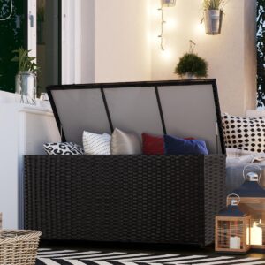 Outdoor 70 Gallon Wicker Storage Box with Waterproof Liner, Patio PE Rattan Storage Container for Outside, Deck Box with Hinged Lid for Cushions, Pillows, Towels, Horizontal Bin, Black