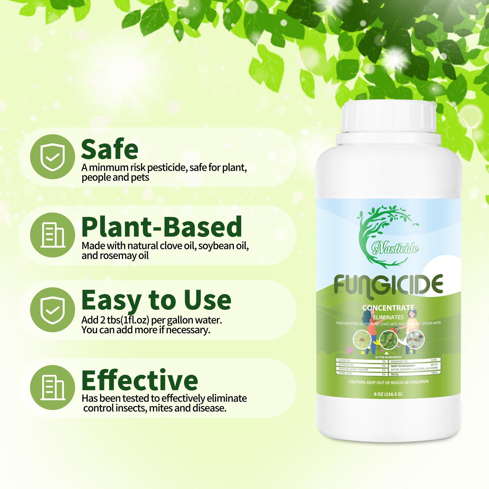 Nasticide Fungicide Made of Plant extracts, Natural Fungicide for Plants, Pesticide Concentrate Spray, Organic Disease Control Fungicide for Lawns, 8oz