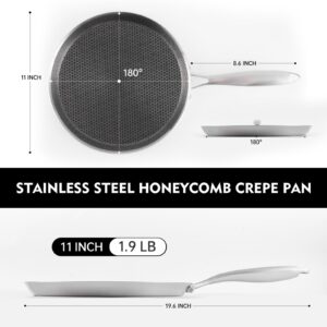 Vegoran Stainless Steel Crepe Pan,11 inch Nonstick Crepe Pan, Coating Flat Skillet Pancake Pan, Non Stick Honeycom Pizza Tawa Dosa Tortilla Griddle Pan, Induction Compatible, PFOA Free (11 Inch)