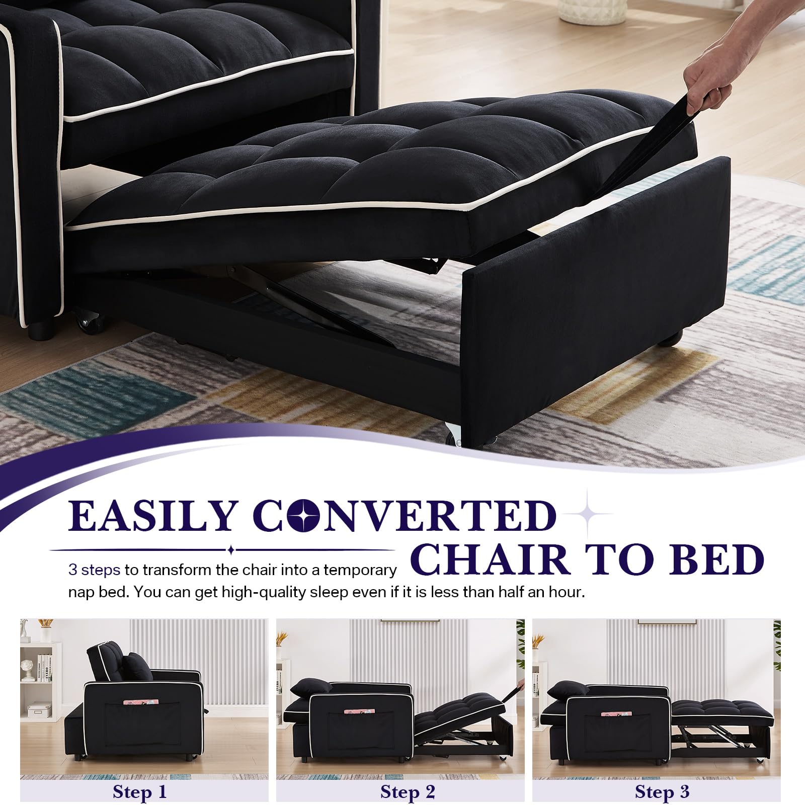 Convertible Sleeper Chair Bed, 3 in 1 Modern Velvet Pull Out Sofa Bed Chair, Small Tufted Single Sleeper Chair with Adjustable Backrest/Pillow for Living Room, Small Spaces, Apartment, Office, Black