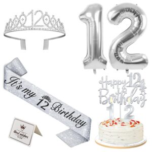 12th birthday decorations for girls silver, including 12th birthday sash, crown/tiara, candles and cake toppers, silver number 12 balloons, 12 year old birthday party decorations for a girl