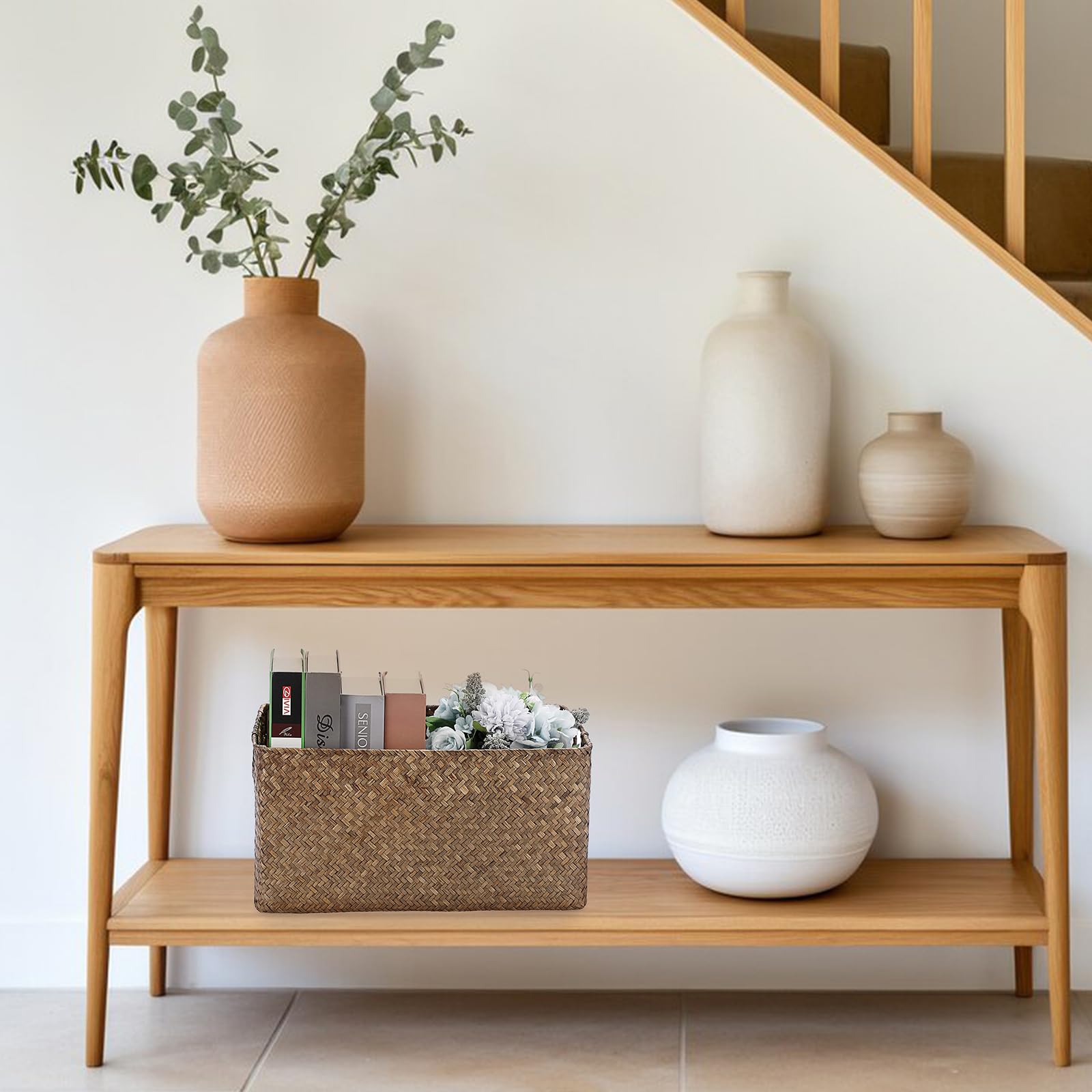 GUSHBIN Seagrass Basket Storage Box for Organizing HandWoven Wicker Storage Bin Cubes Opened Basket Bin with Handles Rectangular Wicker Basket for Shelves Storage,13.4"x9.4"x6.7"