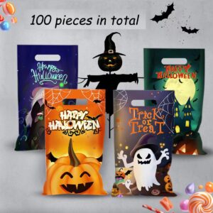 Yssreey 100 Pcs Halloween Treat Bags with Handles Halloween Trick or Treat Gift Bags Plastic Ghost Pumpkin Candy Goodie Bags for Kids Halloween Party Decorations Supplies Favors