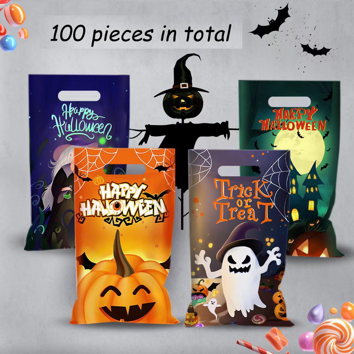 Yssreey 100 Pcs Halloween Treat Bags with Handles Halloween Trick or Treat Gift Bags Plastic Ghost Pumpkin Candy Goodie Bags for Kids Halloween Party Decorations Supplies Favors