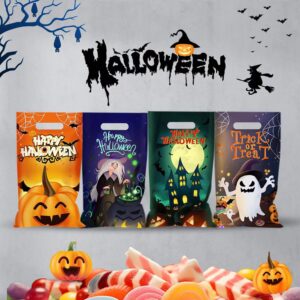 Yssreey 100 Pcs Halloween Treat Bags with Handles Halloween Trick or Treat Gift Bags Plastic Ghost Pumpkin Candy Goodie Bags for Kids Halloween Party Decorations Supplies Favors