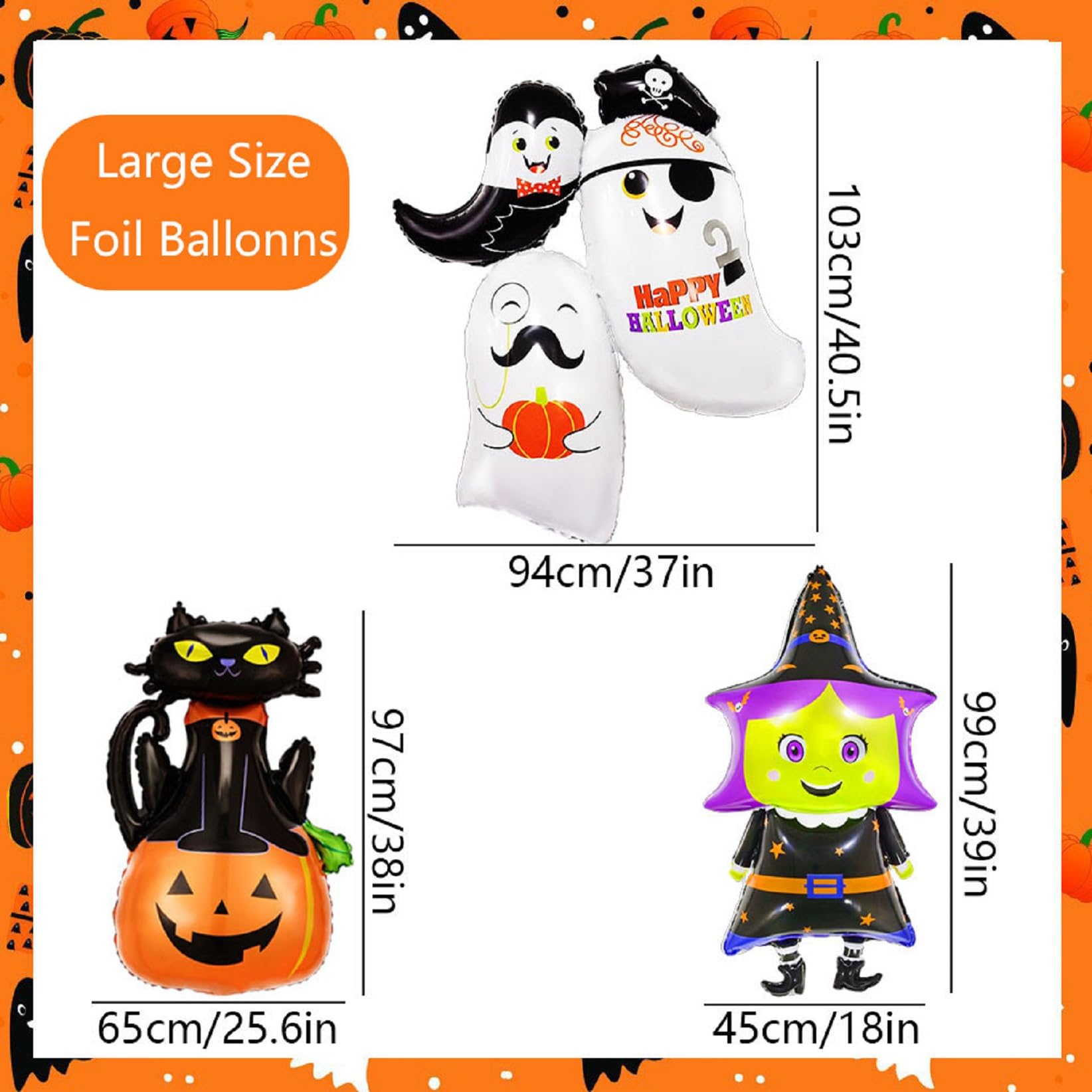 9PCS Large Halloween Foil Balloons Set Happy Halloween Banner Foil Balloons, Pumpkin Witch Bat Ghost Spider Mylar for Halloween Party Decorations Trick or Treat Supplies