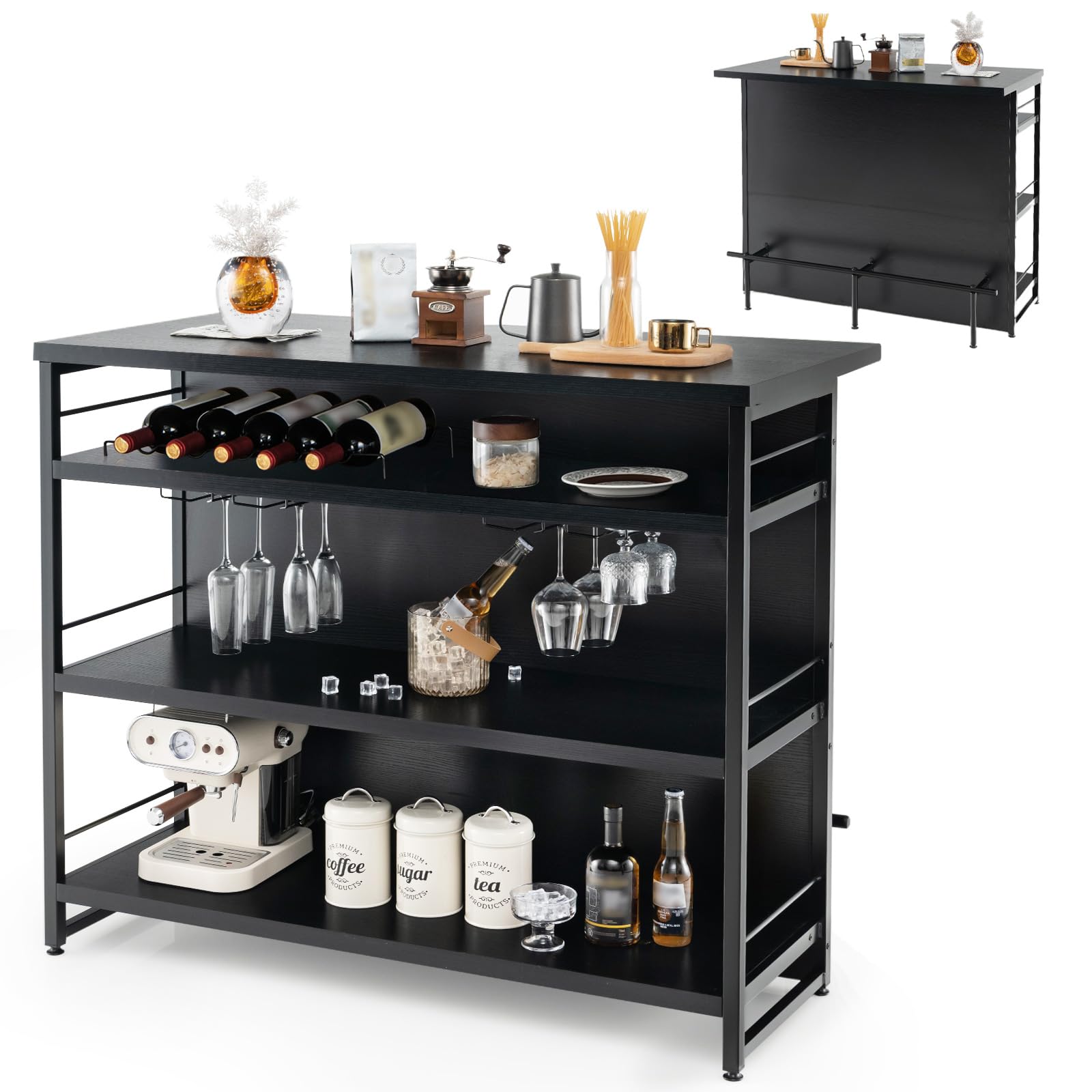 Giantex Home Bar Unit, 4 Tier Liquor Bar Table with Footrest, Wine Bottle Racks, Glass Holder, Industrial Corner Mini Coffee Bar Cabinet for Home Kitchen Pub (Black)