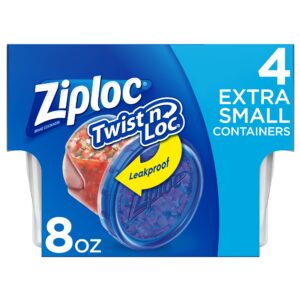 ziploc extra small round twist 'n loc food storage meal prep containers, reusable for lunch and leftovers, dishwasher safe, 4 containers and 4 lids