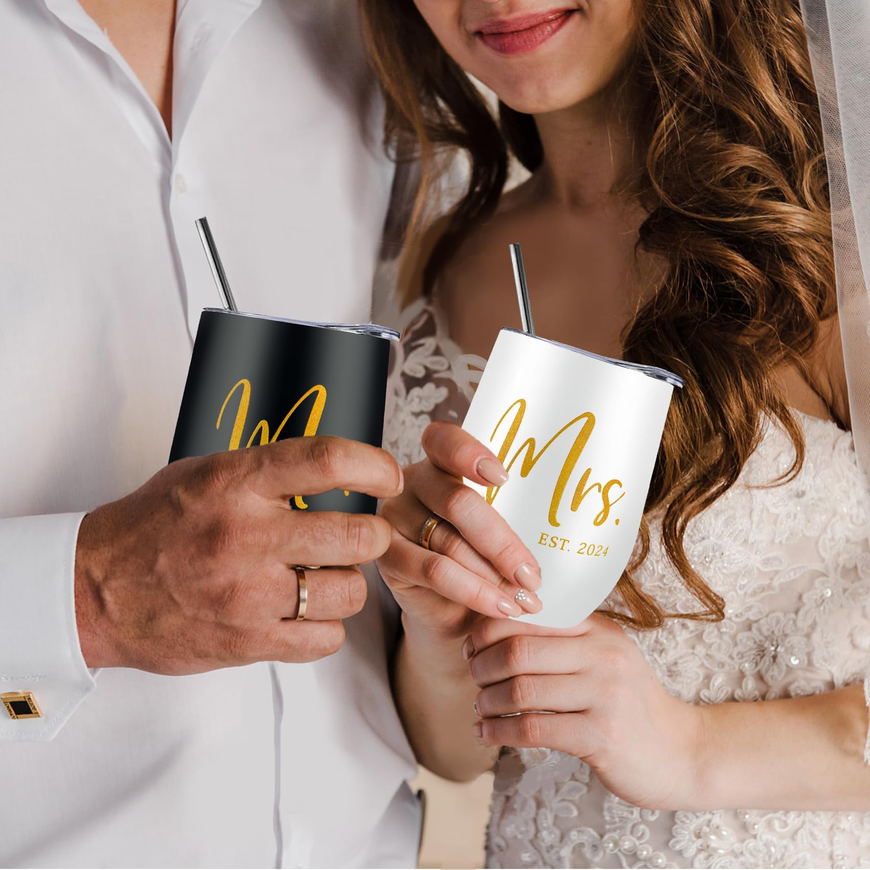 ELEGANTPARK Mr and Mrs Gifts Wedding Gifts for Couples 2024 Engagement Newlyweds Wedding Gifts for Bride and Groom Cups Stainless Steel Mr & Mrs Wine Tumbler with Lid and Straw 12 OZ