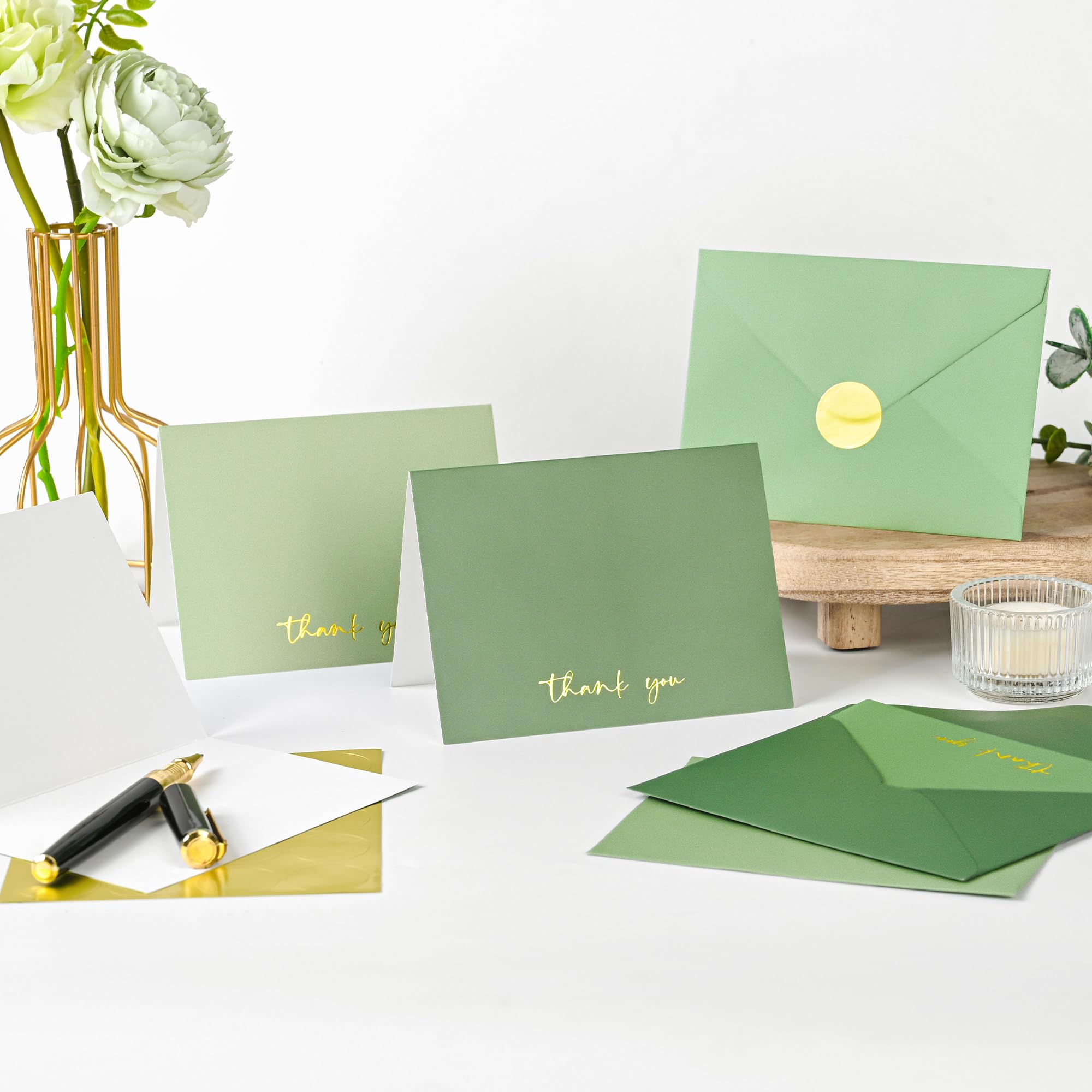 VEEYOL 100 Sage Green Thank You Cards with Envelopes, 5x3.75 Inches Gold Foil Thank You Notes For Wedding, Baby Shower, Graduation, Bridal, Business, Anniversary