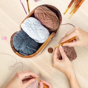 Oval Yarn Bowl, Crochet Yarn Holder with 9pcs Knitting Hooks, Yarn Storage Crochet Bowl Knitting for Crocheters, Large Yarn Bowl Acacia Wooden 11.3x5.9x4.7inch (Acacia Yarn Bowl)