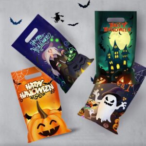 Yssreey 100 Pcs Halloween Treat Bags with Handles Halloween Trick or Treat Gift Bags Plastic Ghost Pumpkin Candy Goodie Bags for Kids Halloween Party Decorations Supplies Favors