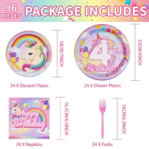 96 Pcs Unicorn 4th Birthday Party Decorations 350 GSM Disposable Rainbow Unicorn Plates and Napkins Tableware Set for Girls Unicorn Themed 4th Birthday Party Baby Shower Supplies Decorations Serves 24