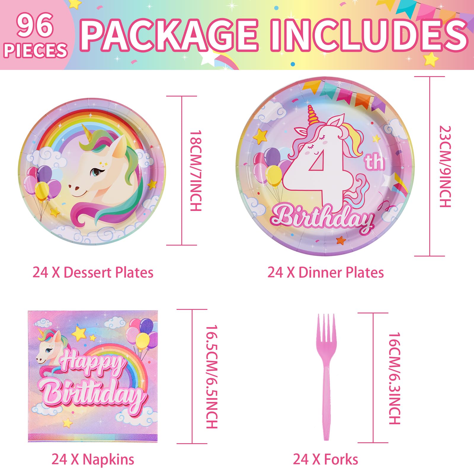 96 Pcs Unicorn 4th Birthday Party Decorations 350 GSM Disposable Rainbow Unicorn Plates and Napkins Tableware Set for Girls Unicorn Themed 4th Birthday Party Baby Shower Supplies Decorations Serves 24