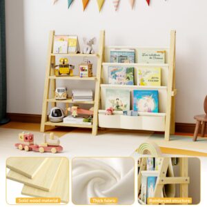 Oenalw Toy Storage Organizer with Kids Bookshelf, Montessori Wooden Toy Organizer Book Shelf for Kids Rooms, Nursery, Playroom, Child, Baby, Toddler Bookcase, Toys Rack Fabric Sling Book Shelves