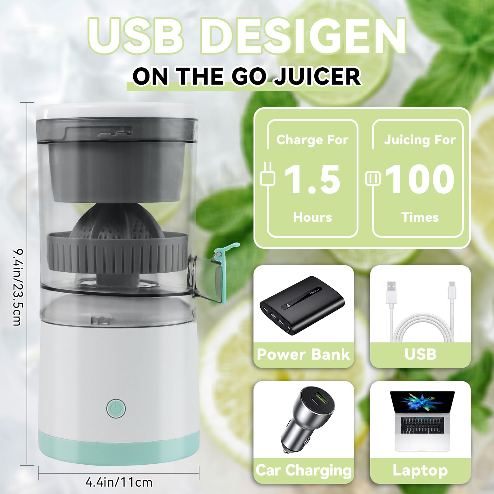 SUNHAIXIA Rechargeable Electric Juicer - Citrus Juicer with Type-c Rechargeable for Orange, Lemon and Grapefruit Juicing. (White-45Watts)