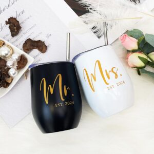 ELEGANTPARK Mr and Mrs Gifts Wedding Gifts for Couples 2024 Engagement Newlyweds Wedding Gifts for Bride and Groom Cups Stainless Steel Mr & Mrs Wine Tumbler with Lid and Straw 12 OZ