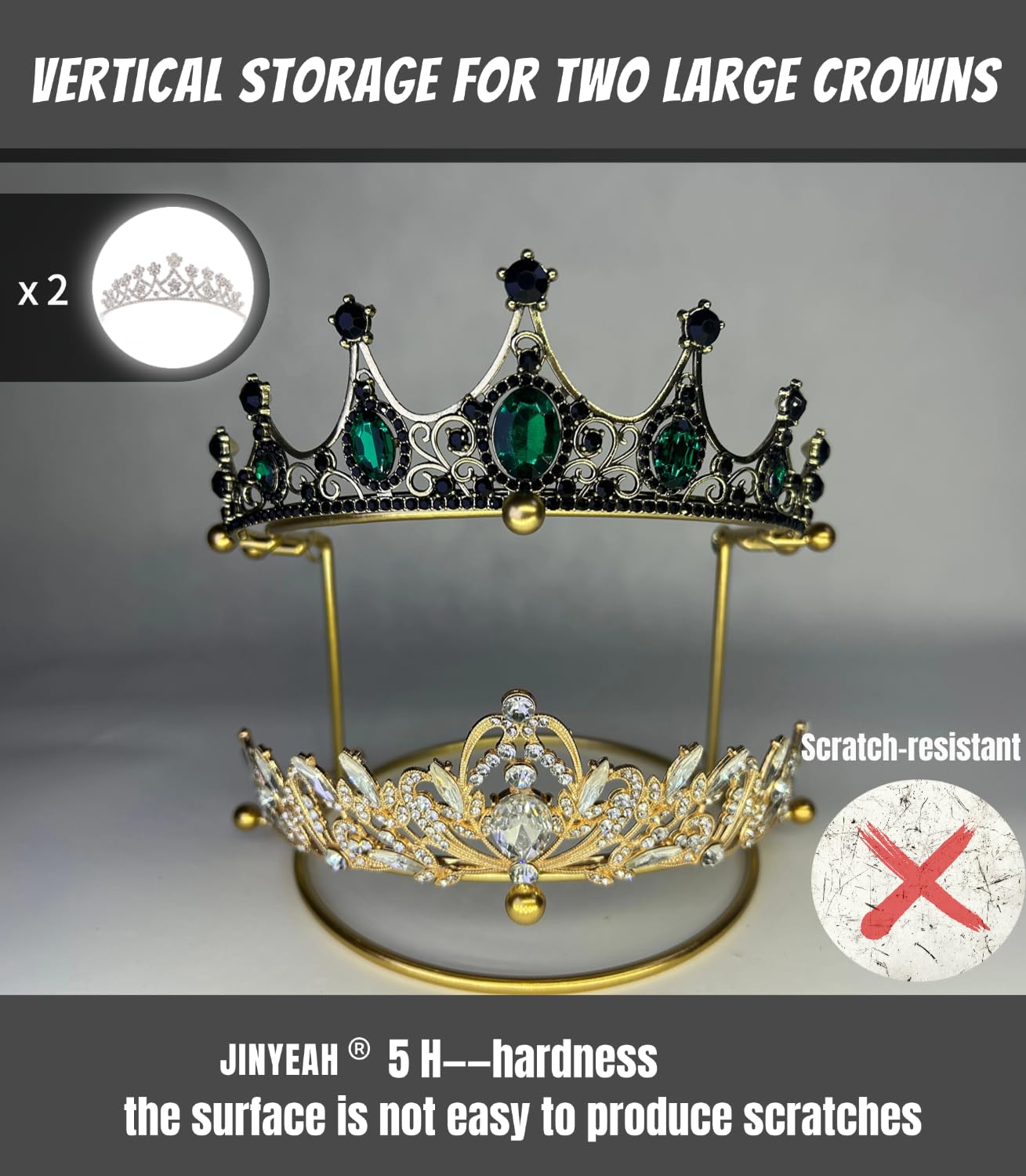 JINYEAH Crown Display 2-Tier Crown Holder Tiara Display Golden Bridal Crown Display Stand Crown Storage Organizer Jewelry Holder for Women Girls Wedding Home Shop Store