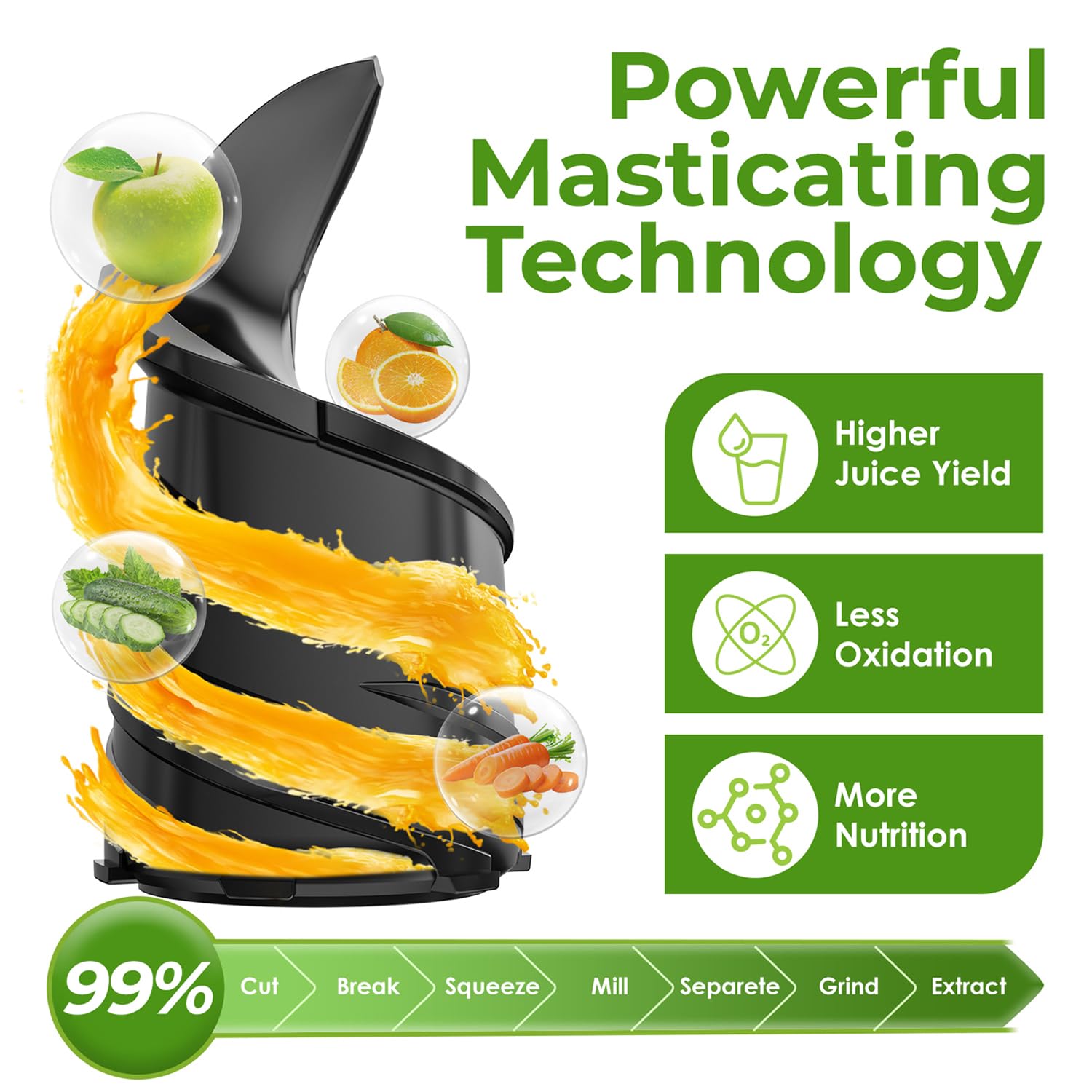 Masticating Juicer Machines, 350W Slow Cold Press Juicer with 5.3" Feeding Chute, High Juice Yield Juicer for Fruits and Vegetables, Easy to Clean