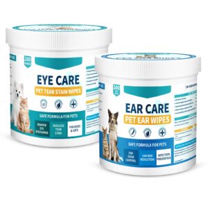 ear wipes & eye wipes for dogs cats, 400 pcs pet ear cleaner wipes for dogs cats gently remove ear wax, and cat dog eye wipes tear stain remover, pet eye wipes presoaked & textured eye & face wipes