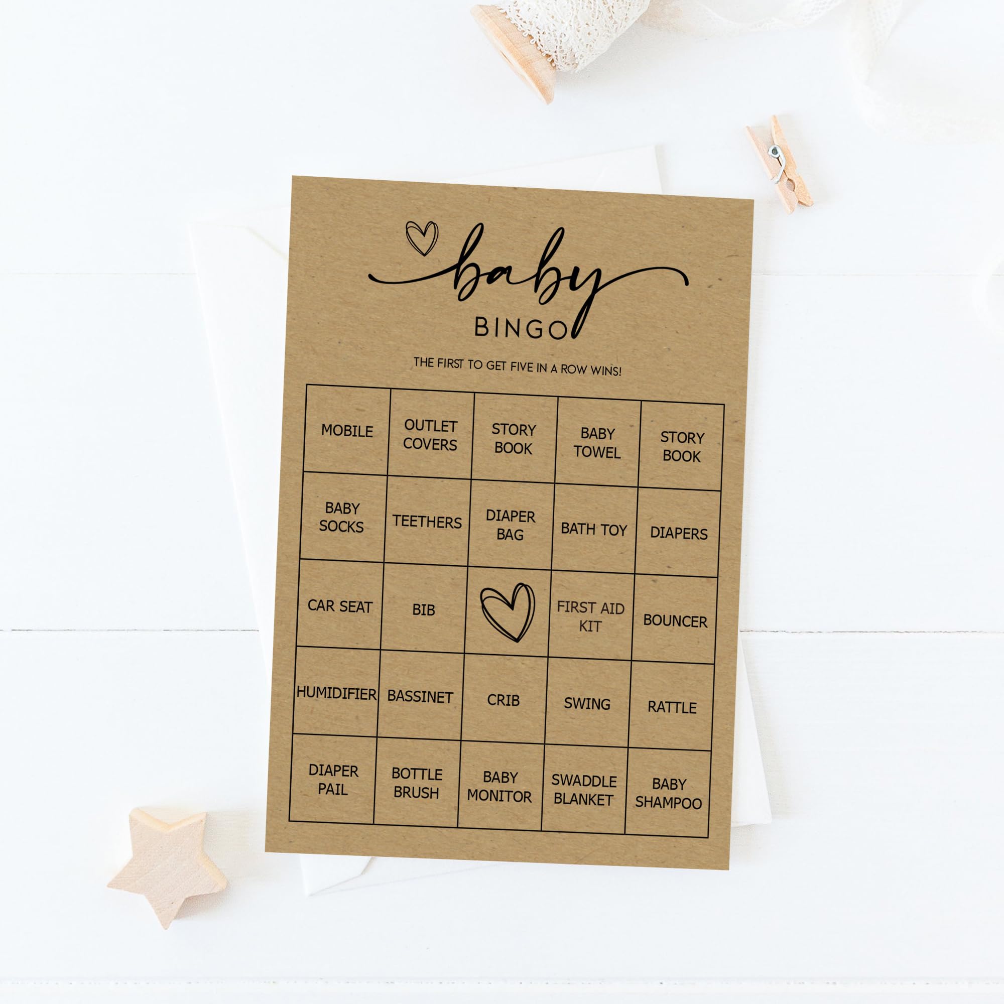 Baby Bingo Game (50 Unique Cards) Kraft Pre-Filled Fun Baby Shower Game Activity, Preforated Calling Cards, Gender Neutral Boy or Girl, Minimalist