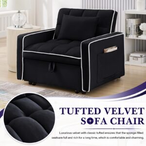 Convertible Sleeper Chair Bed, 3 in 1 Modern Velvet Pull Out Sofa Bed Chair, Small Tufted Single Sleeper Chair with Adjustable Backrest/Pillow for Living Room, Small Spaces, Apartment, Office, Black